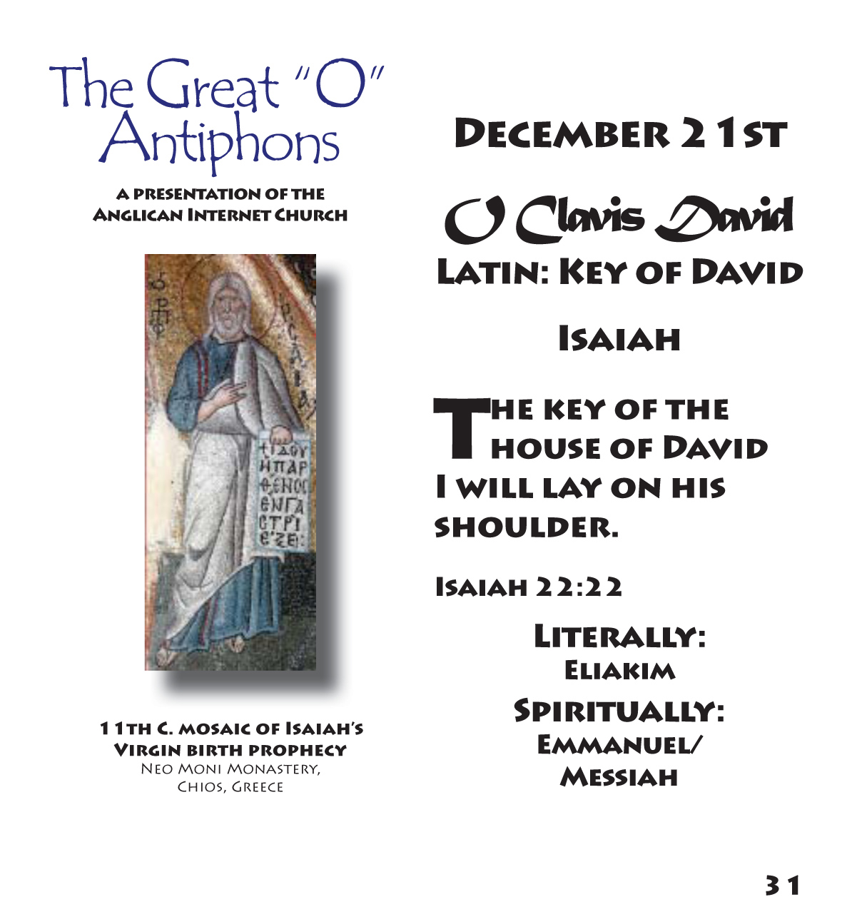 Great “O” Antiphons – O Clavis David – Dec. 21st – Anglican Internet Church